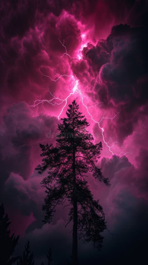 Lone Tree Silhouette Against Dramatic Purple Lightning Storm Stock ...