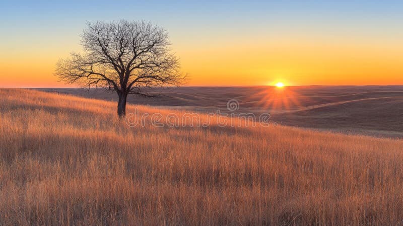 Lone Tree Silhouette at Sunset Over Rolling Prairie Grasslands Stock ...