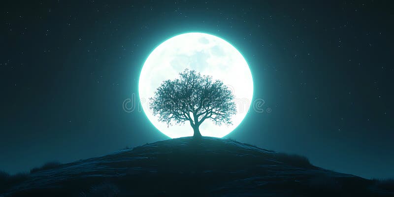 Lone Tree Silhouette Under Full Moon Night Sky Digital Art Stock ...