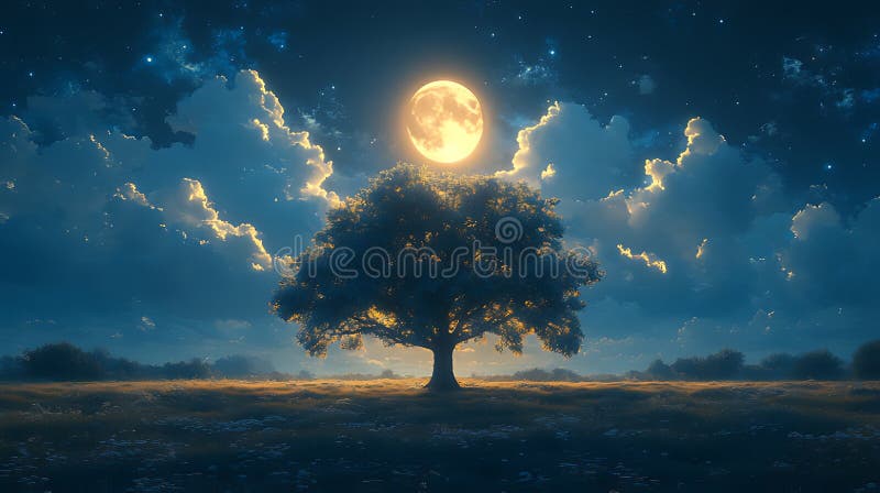 Lone Tree Silhouetted Against a Bright Full Moon and Starry Night Sky ...