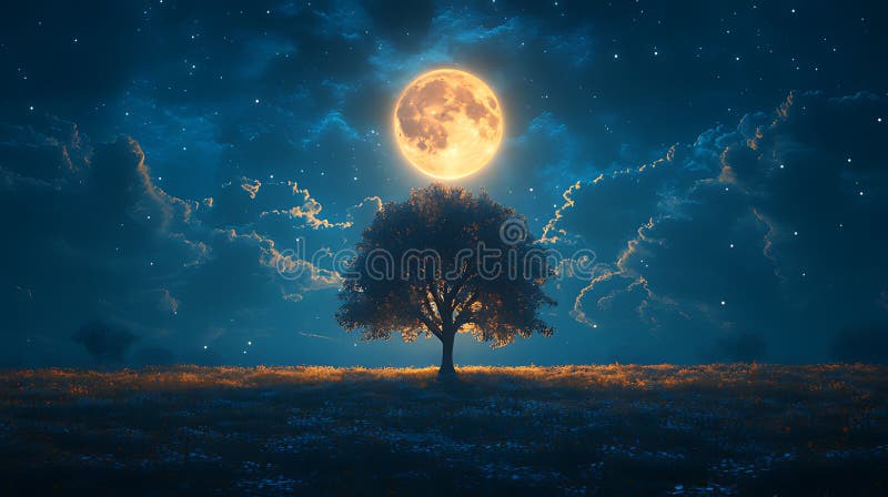 Lone Tree Silhouetted Against a Large Full Moon and Starry Night Sky ...