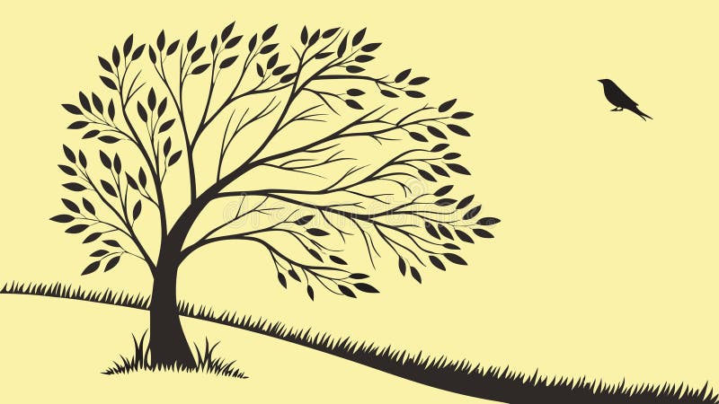 Lone Tree in Simple Landscape with Bird, Rustic Serenity, Vector Design ...