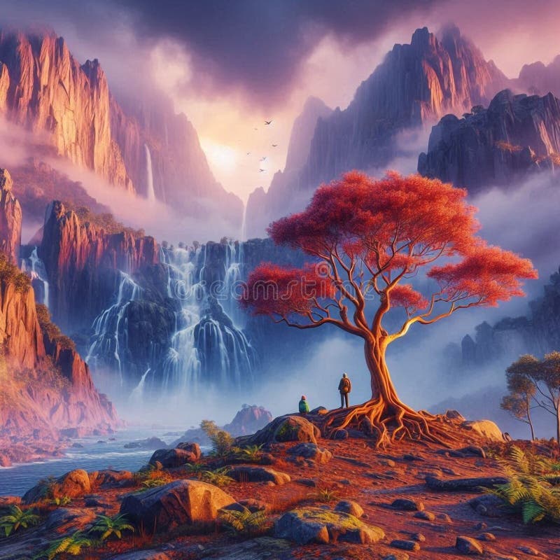 A Lone Tree that Sits on the Edge of a Rocky Cliff with Waterfall ...