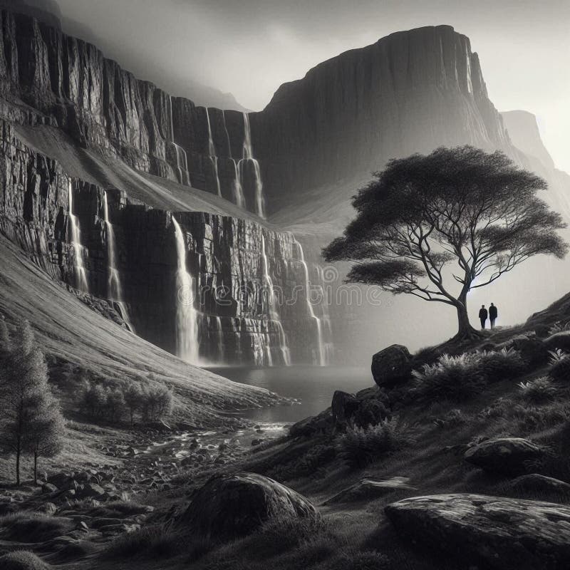 A Lone Tree that Sits on the Edge of a Rocky Cliff with Waterfall ...