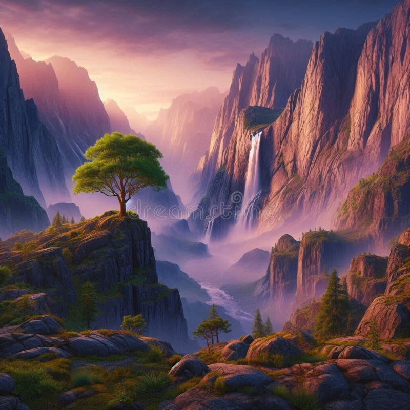 A Lone Tree that Sits on the Edge of a Rocky Cliff with Waterfall ...