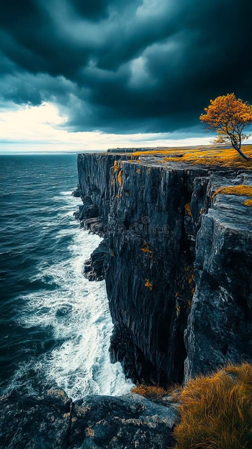 A Lone Tree Sitting on Top of a Cliff Next To the Ocean Stock Image ...