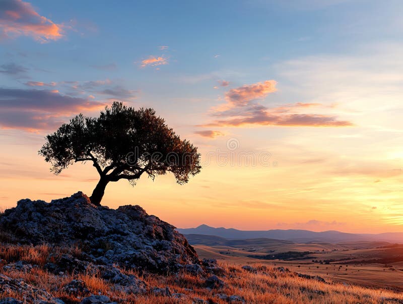 A Lone Tree Sitting on Top of a Hill at Sunset Stock Photo - Image of ...