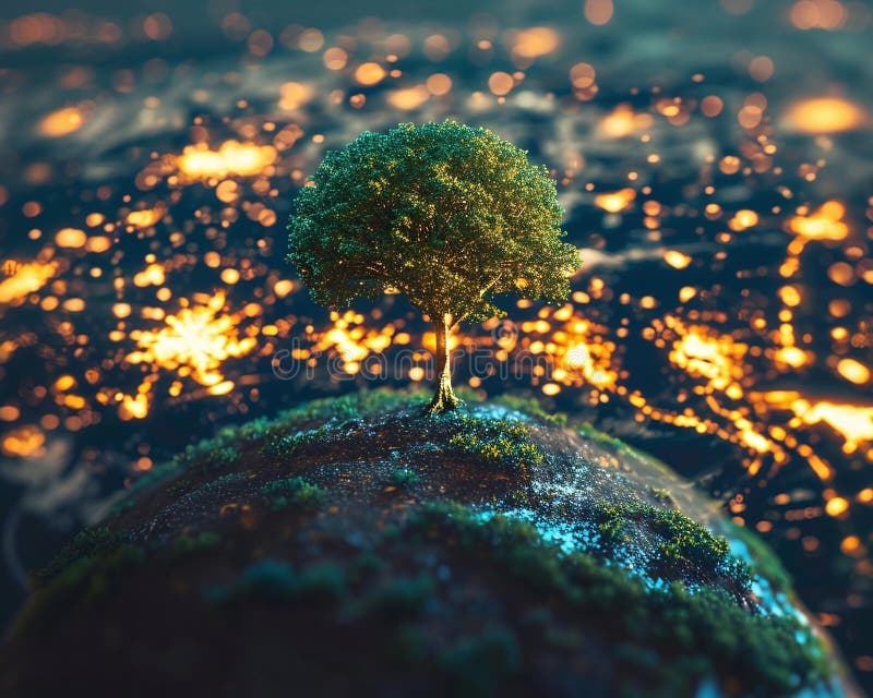 Lone Tree on a Small Hill Amidst a Dreamy Landscape with Sparkling ...