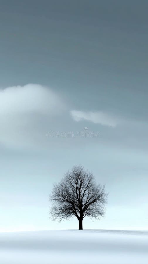 Lone Tree in Snowy Winter Landscape Under Cloudy Sky Stock Image ...