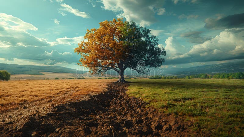 Lone Tree in Desolate Industrial Wasteland Under Stormy Sky ...