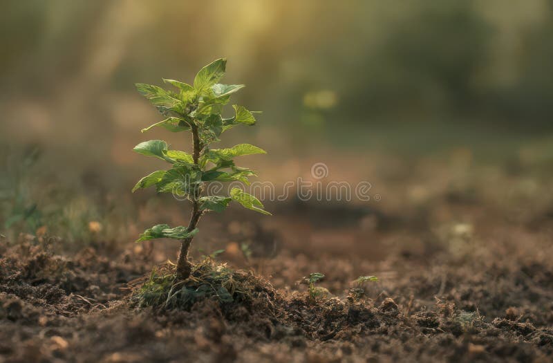 A Lone Tree Sprout on Patchy Terrain, Soil Scattered with Leaves and ...