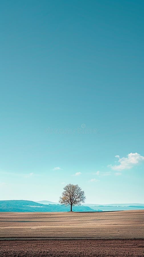 Lone Tree Standing in Empty Field Under Blue Sky Stock Illustration ...