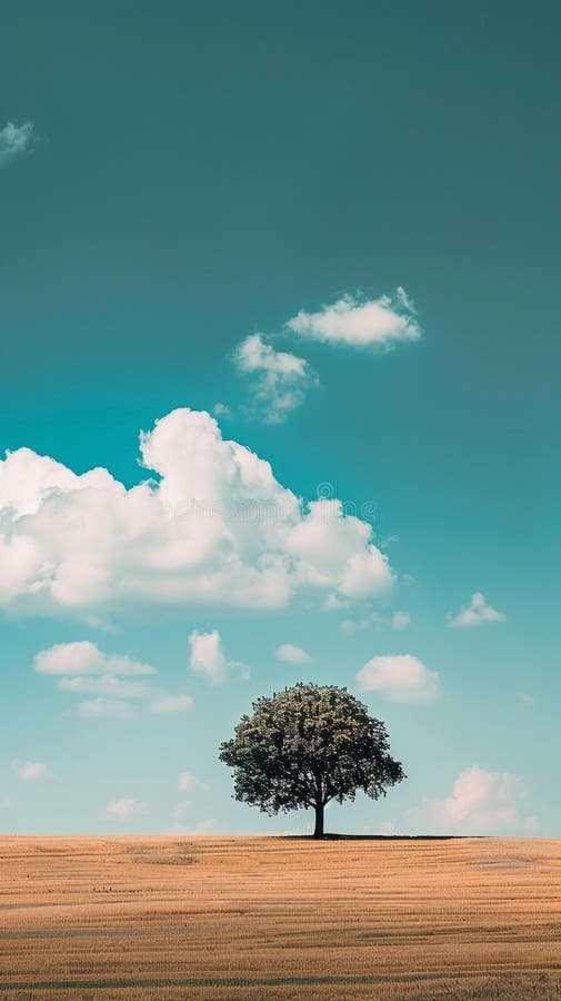 Lone Tree Standing in Empty Field Under Blue Sky Stock Illustration ...