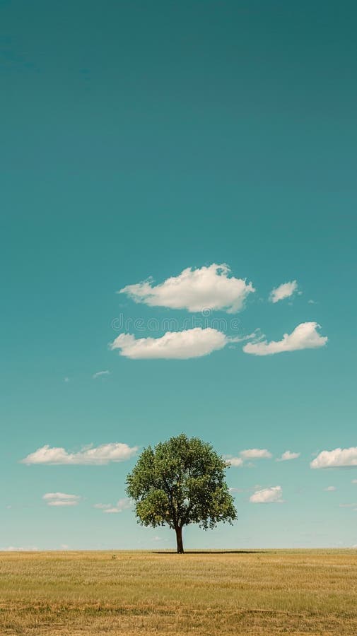 Lone Tree Standing in Empty Field Under Blue Sky Stock Illustration ...