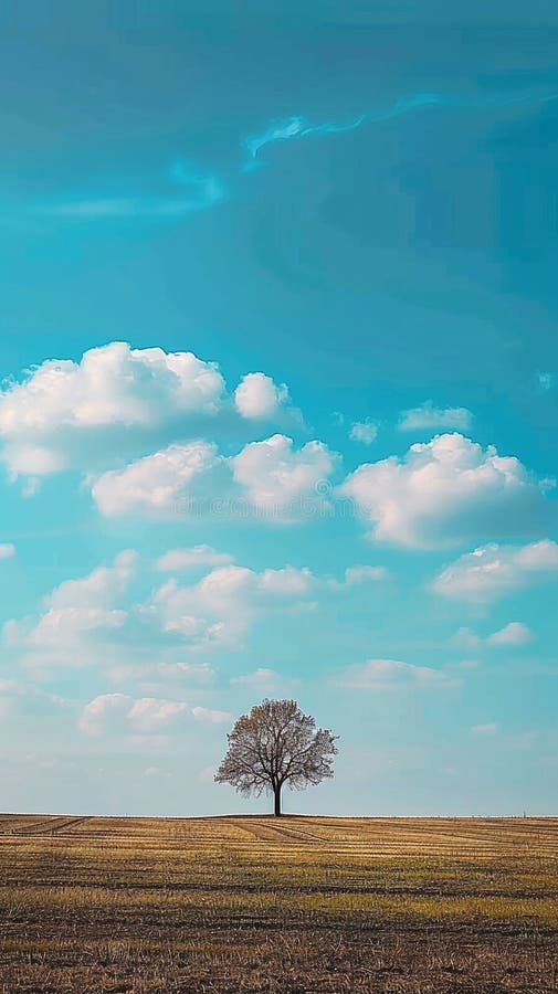 Lone Tree Standing in Empty Field Under Blue Sky Stock Illustration ...