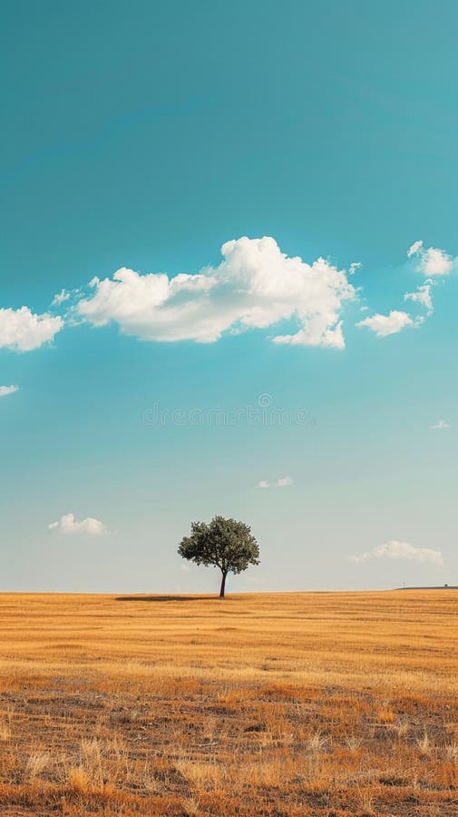 Lone Tree Standing in Empty Field Under Blue Sky Stock Illustration ...