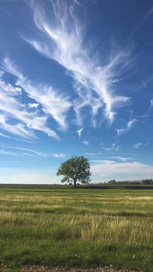 Lone Tree Standing in Empty Field Under Blue Sky Stock Illustration ...