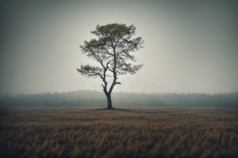 A Lone Tree Standing in a Field on a Foggy Day. Stock Photo - Image of ...