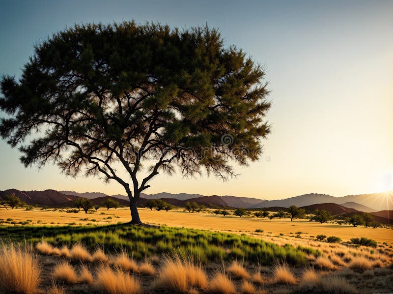 A Lone Tree Standing in a Field of Grass with Mountains in the ...