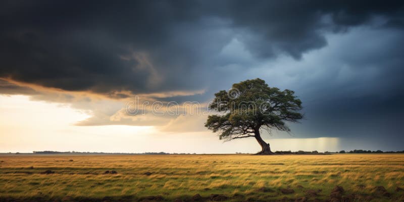 A Lone Tree Standing in a Field, with a Stormy Sky in the Background ...