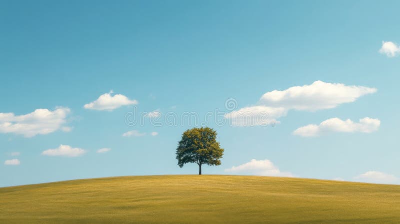 Lone Tree Standing on a Hill Under a Bright Blue Sky, Minimalist Nature ...