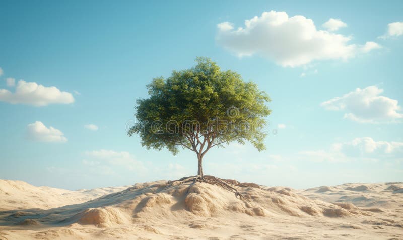 Lone Tree Standing Resilient on Sandy Terrain Under Blue Sky with ...