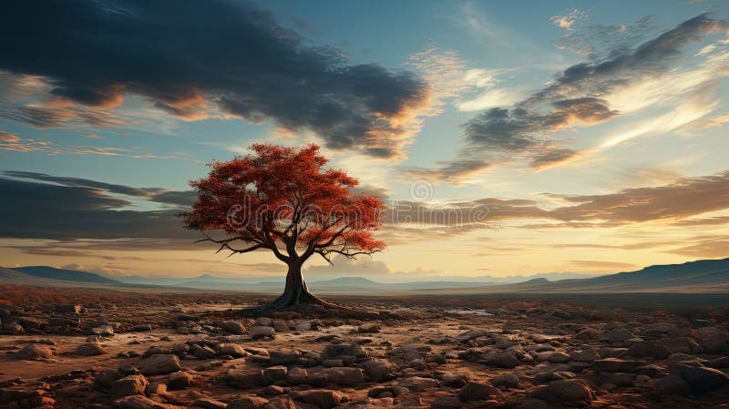 A Lone Tree Standing Resiliently in an Open Field Landscape Background ...