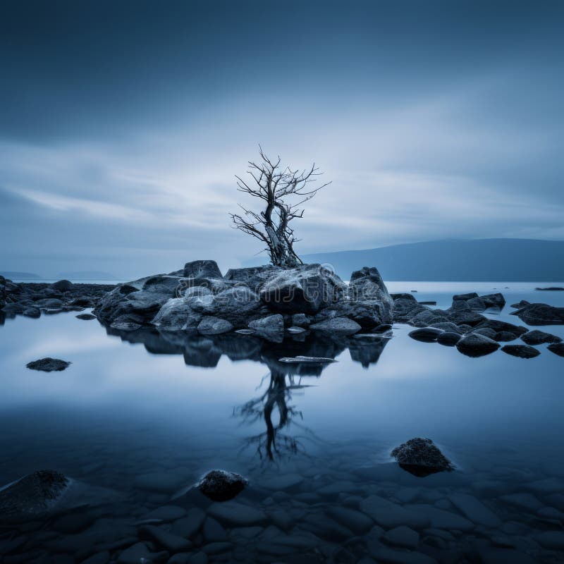 A Lone Tree is Standing on Rocks in the Middle of a Lake Stock ...