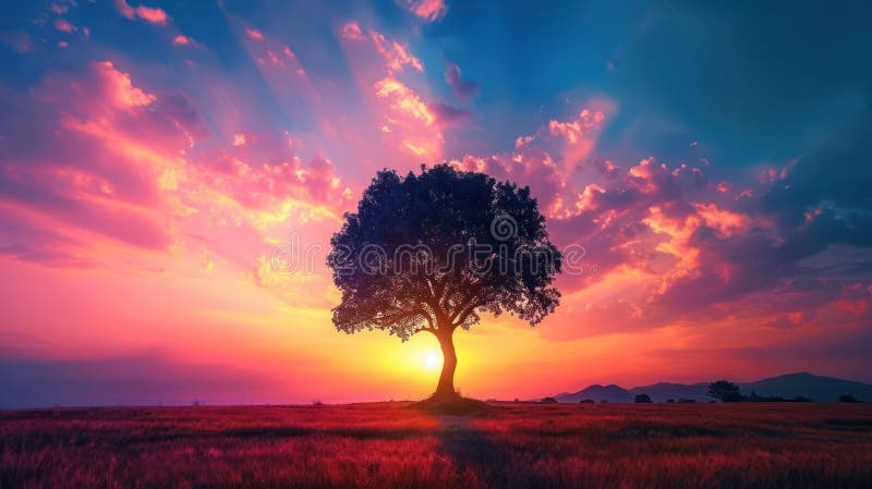 A Lone Tree Standing Tall in an Open Field Stock Illustration ...