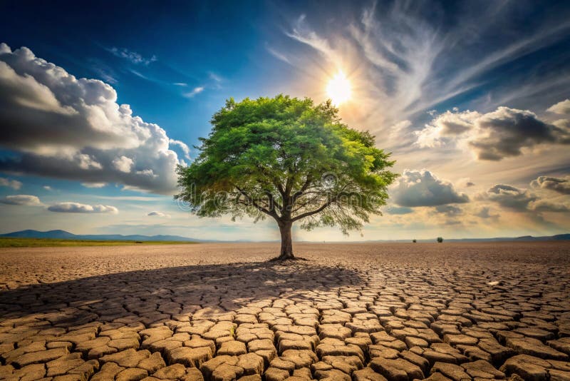 A Lone Tree Standing Tall in a Parched, Sunlit Field with Cracks ...