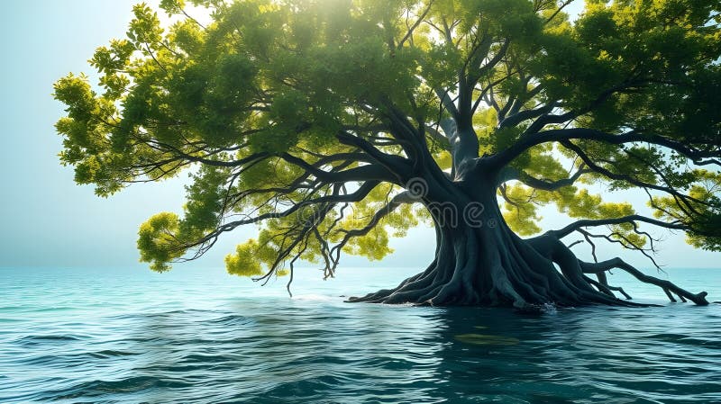 A Lone Tree Standing in the Water Stock Illustration - Illustration of ...