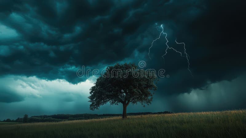 A Lone Tree Stands Against a Dark Stormy Sky Filled with Lightning and ...
