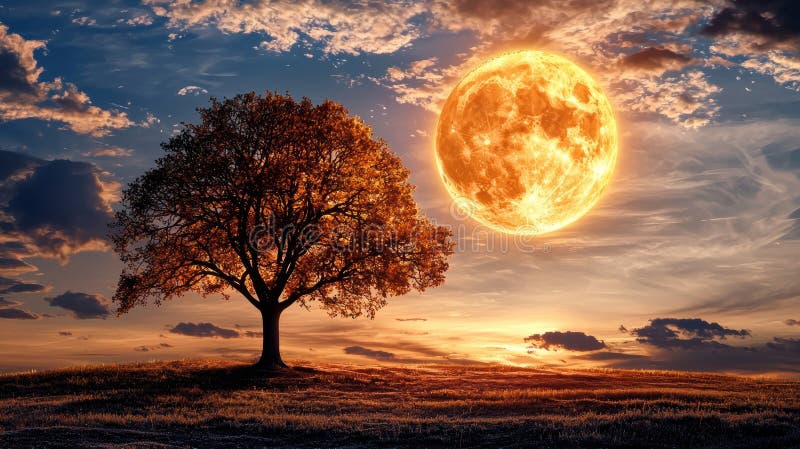 Silhouette Lone Tree Against Glowing Full Moon Stock Photos - Free ...