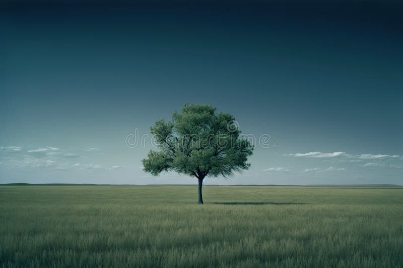 A Lone Tree Stands Alone in a Field of Tall Grass. Stock Illustration ...