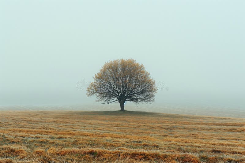 A Lone Tree Stands Amidst Thick Fog in an Open Field Stock Image ...