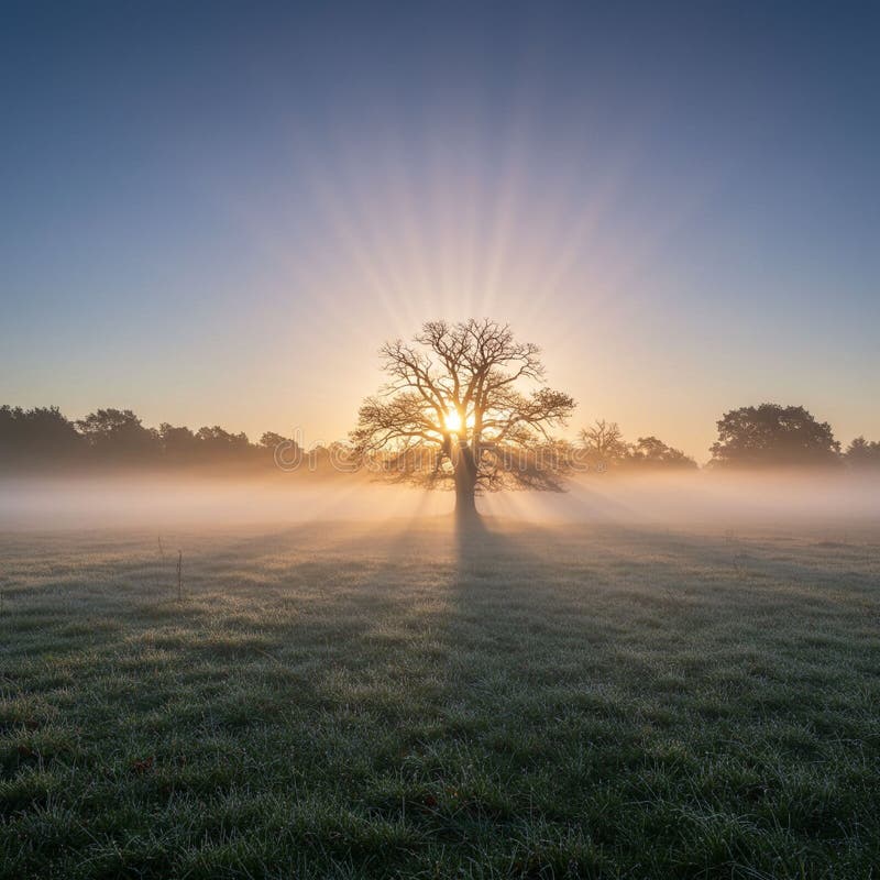 A Lone Tree Stands in a Field, with the Sun Rising Behind it, Casting ...