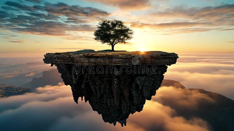 A Lone Tree Stands on a Floating Rock Formation in a Surreal Landscape ...