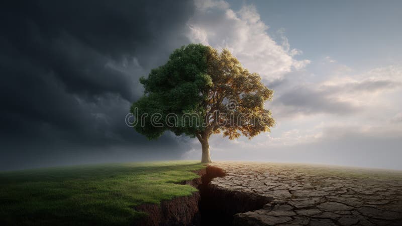 Lone Tree Stands between Lush Grass and Cracked Earth, Symbolizing Hope ...