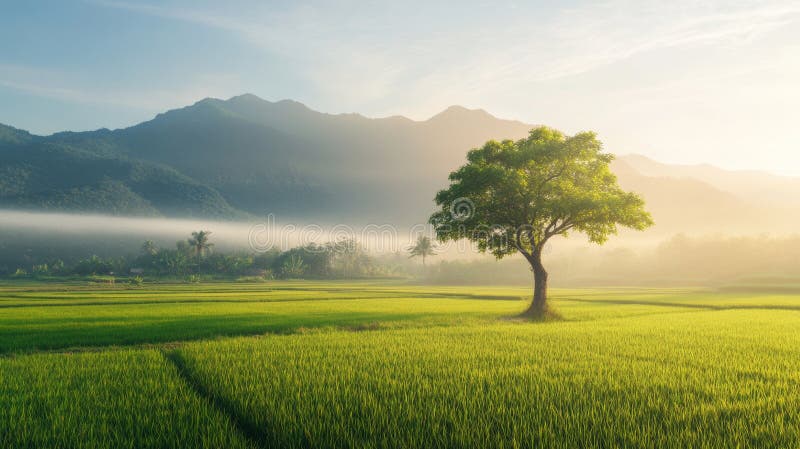 A Lone Tree Stands in the Mist during Sunrise Above a Rice Paddy Field ...