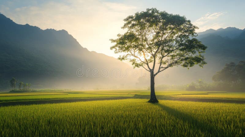 A Lone Tree Stands in the Misty Dawn Over a Rice Paddy and Mountains ...