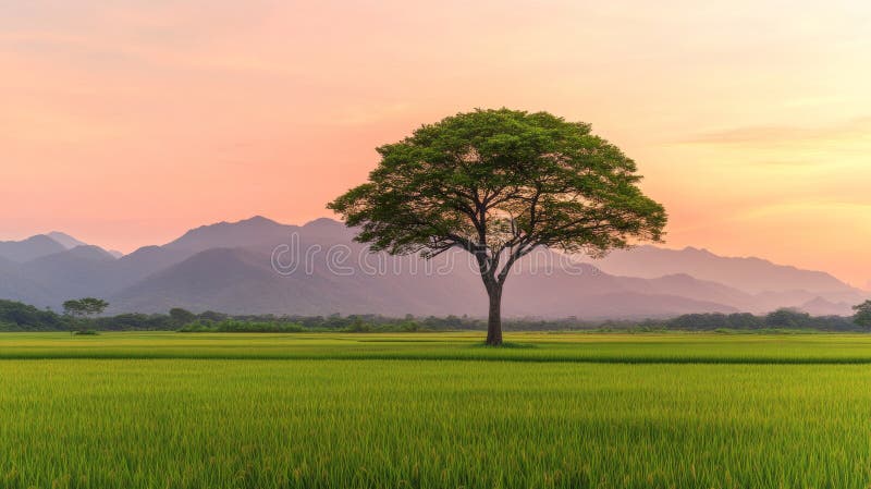 A Lone Tree Stands in a Peaceful Rice Paddy at Dawn, with Mist-covered ...