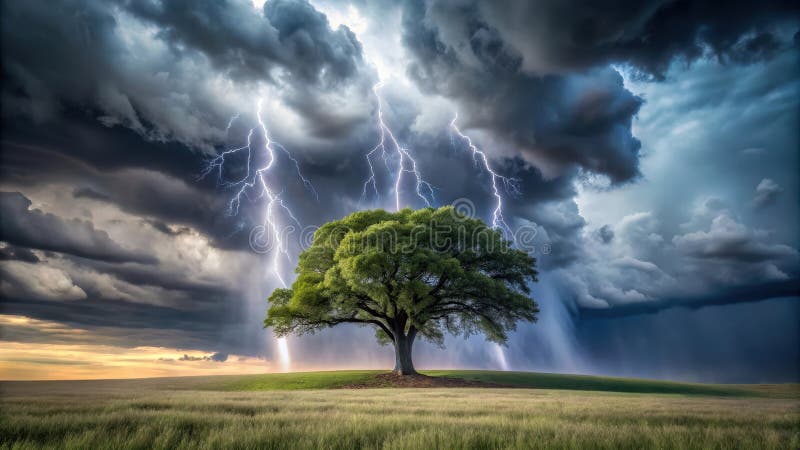 A Lone Tree Stands Resilient Amidst a Dramatic Thunderstorm, Showcasing ...