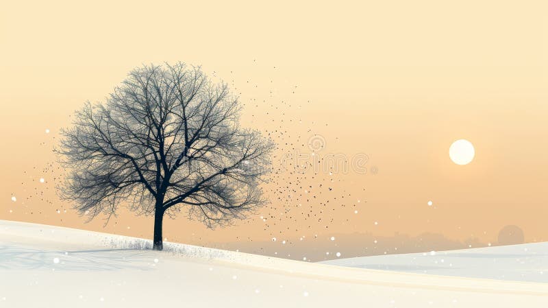 A Lone Tree Stands in a Snowy Field, the Sun Setting in the Distance ...