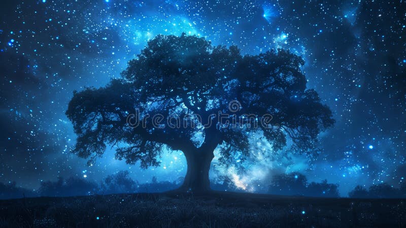 A Lone Tree Stands Tall Against a Backdrop of a Starry Night Sky ...