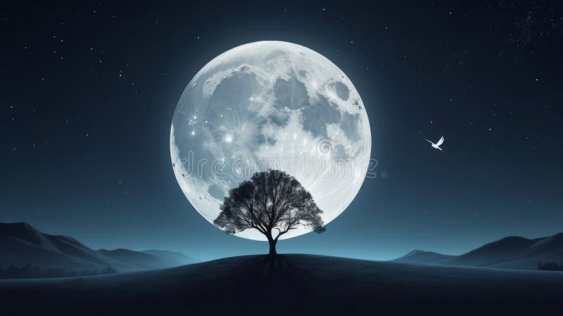 A Lone Tree Stands Tall Under a Full Moon Stock Illustration ...