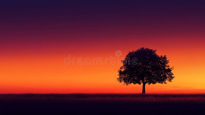 Lone Tree at Sunset on a Vast Field, Serene Twilight Scene. Nature and ...