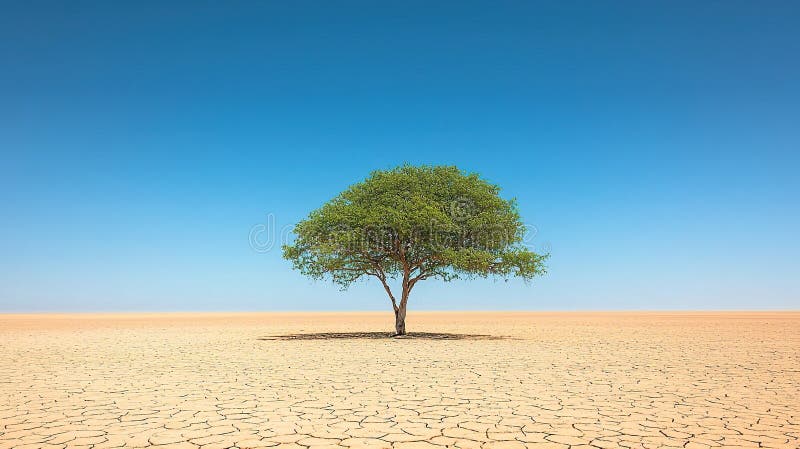Lone Tree Surviving in Cracked Desert Landscape Under Blue Sky Stock ...