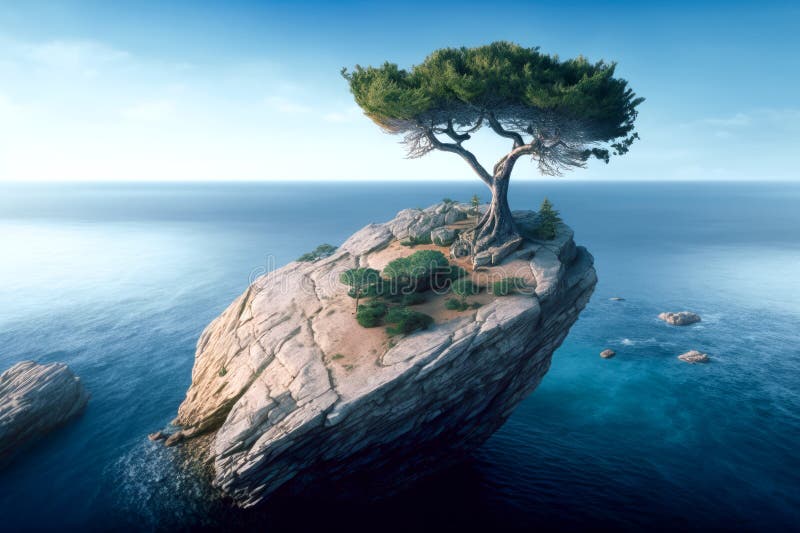 Lone Tree on Top of Rock in the Ocean. Generative AI Stock Illustration ...