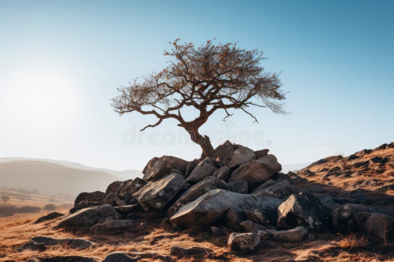 A Lone Tree on Top of Rocks in the Middle of a Field Stock Illustration ...