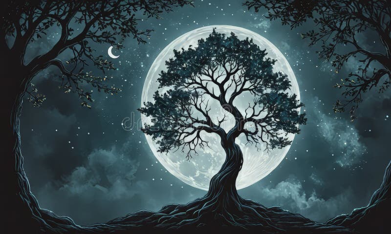 Lone Tree with Twisted Branches Stands Against Backdrop Full Moon ...